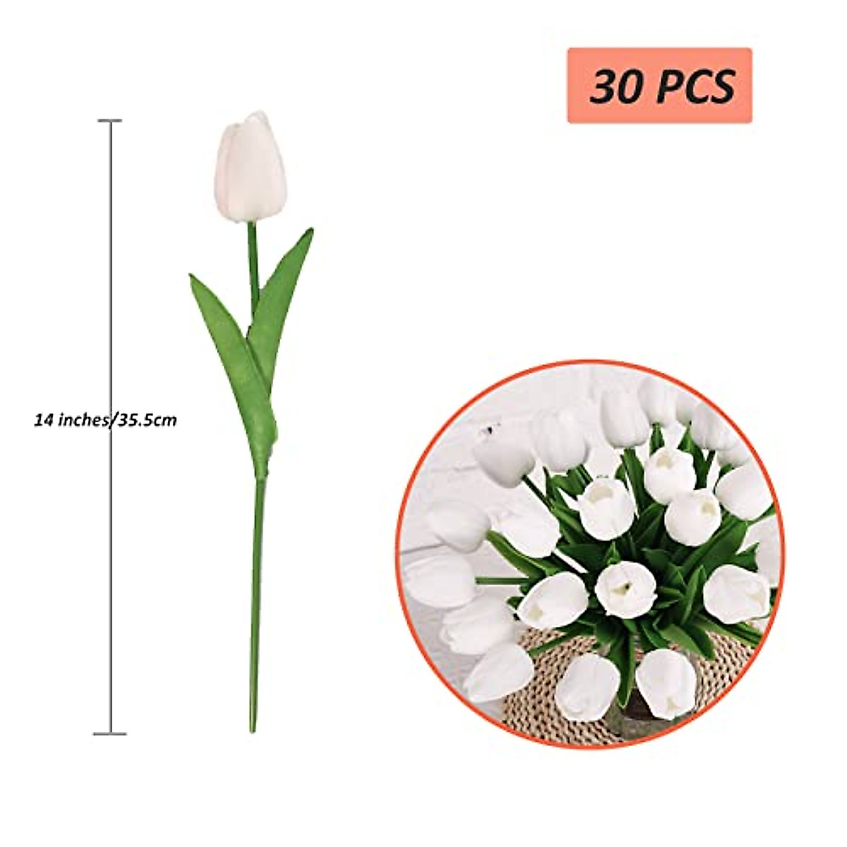 30pcs Real Touch Tulips PU Artificial Flowers, Fake Tulips Flowers for Arrangement Wedding Party Easter Spring Home Dining Room Office Decoration. (White, 14" Tall)
