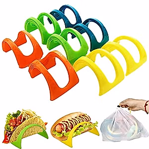 AOUXSEEM 32 Pack Taco Holder Stands with Storage Bag, Non-Toxic BPA Free Plastic Colorful Flat Bottom Taco Tray Plate Racks Party Supplies for Tortillas Burritos Hot Dog, Stand on Table, Stackable