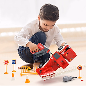 Building Fire Truck Toys - 95 Pcs DIY Assembly Fire Truck STEM Toy with Drill, Push & Go Friction Power Lights & Sounds for Kids- Take Apart Vehicle Fire Trucks for Boys Ages 4 5 6 7 8 Years Old