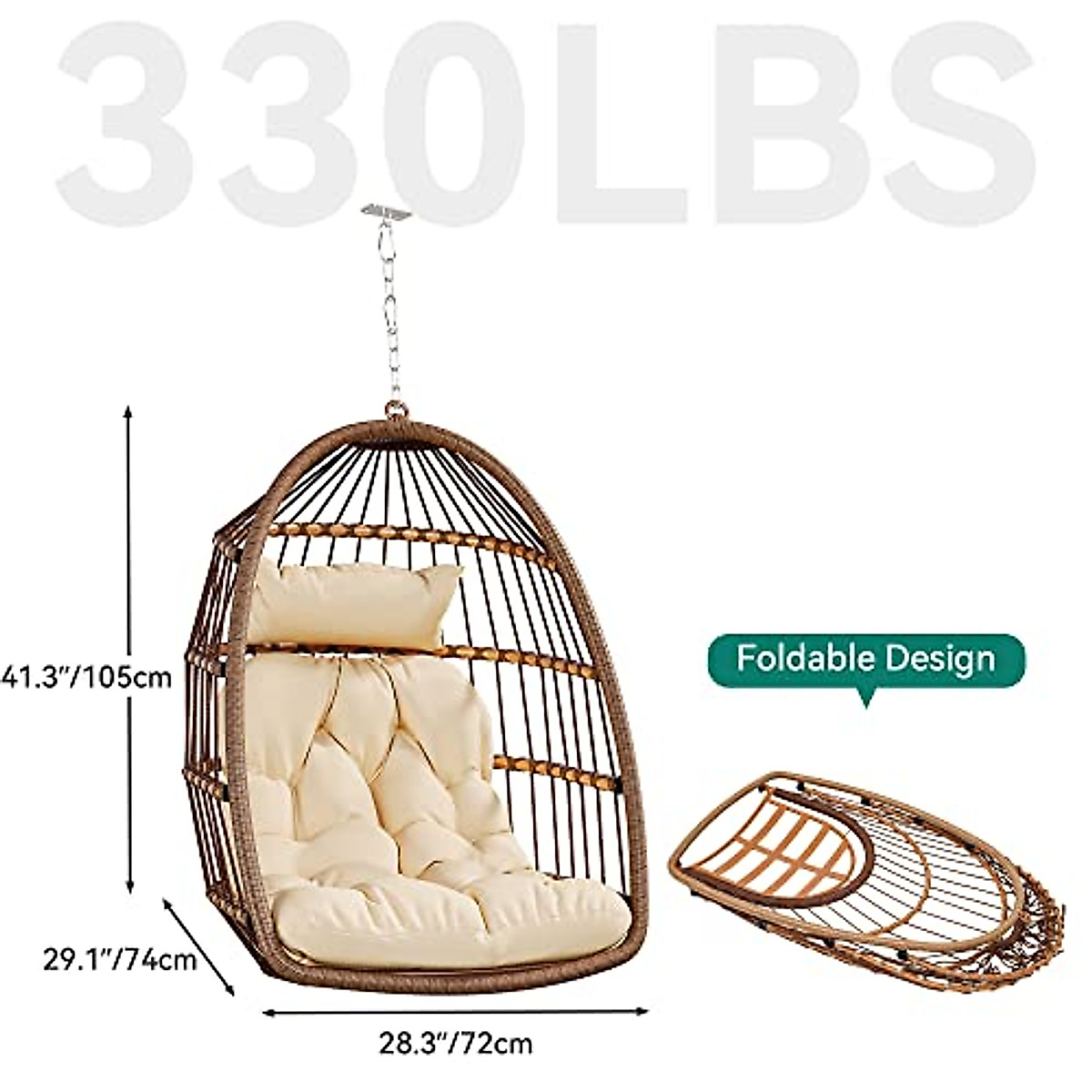 YITAHOME Hanging Egg Chair Swing Chair Outdoor Patio Wicker Chair Swing Hammock Egg Chairs with Cushion 330lbs for Patio, Bedroom, Garden and Balcony, Beige(Stand not Included)