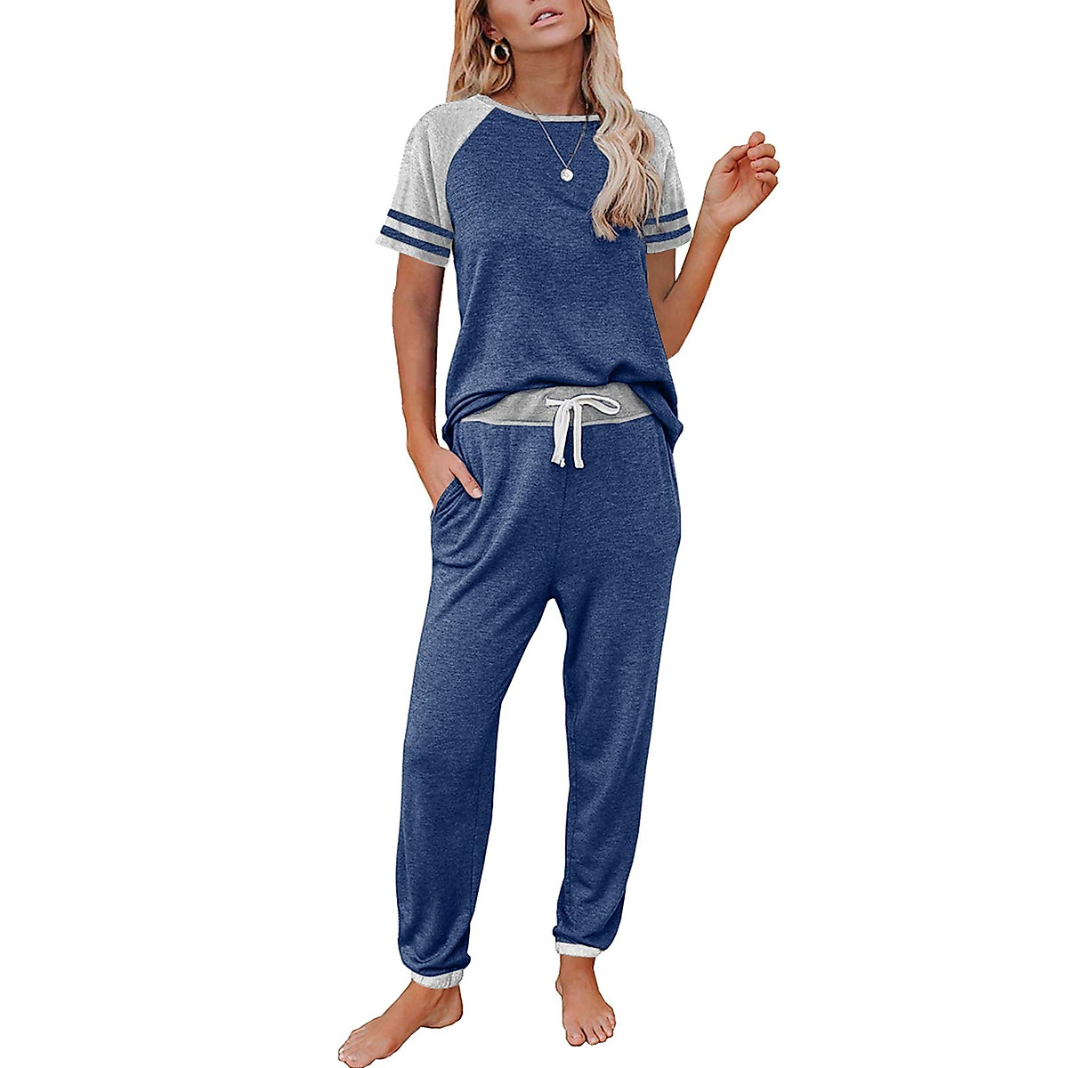 AUTOMET Lounge Sets For Women Two Piece Outfits Loungewear Short Sleeve Crewneck Jogger Pajama Set Sweatpants Tracksuit Blue M