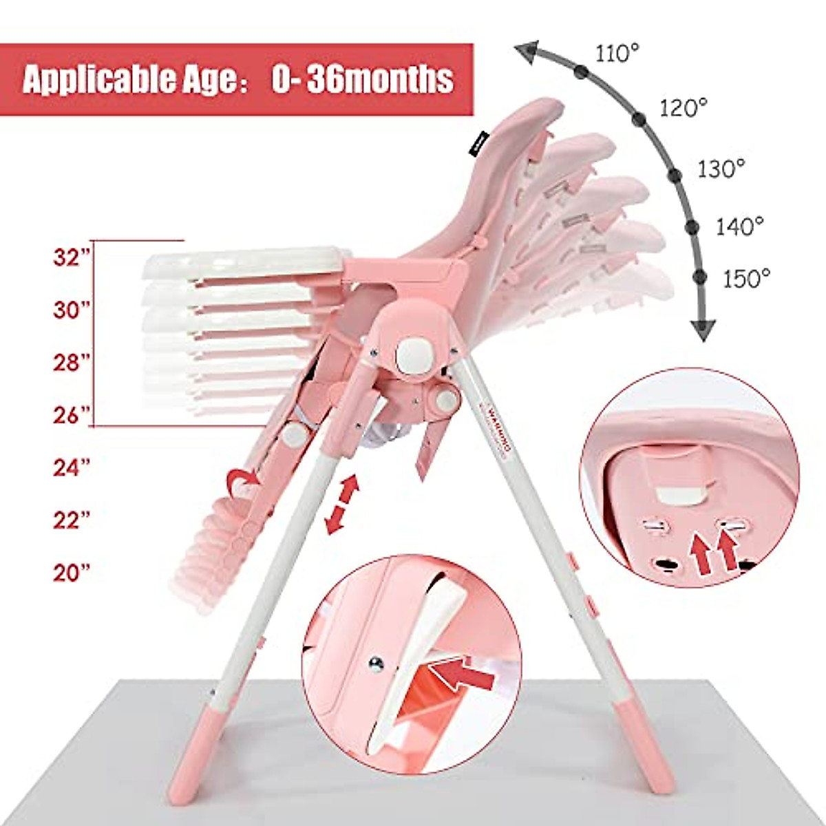 INFANS 4 in 1 High Chair–Booster Seat, Convertible Highchair w/Adjustable Height and Recline,Removable Tray,DetachableCushion, Installation-Free,Simple Fold for Baby, Infant& Toddler (Pink)