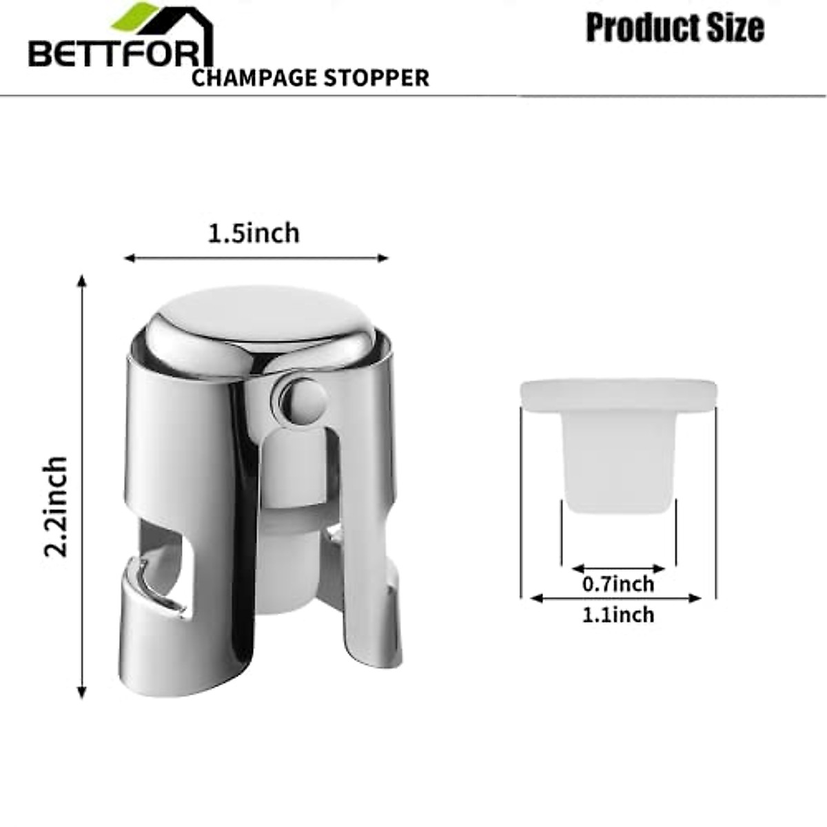 BETTFOR Champagne Stoppers with Stainless Steel Champagne Saver with Food Grade Silicone Leak proof Keep Fresh Suitable for Champagne, Cava, Prosecco and Sparkling (Silver, 2 Pack)