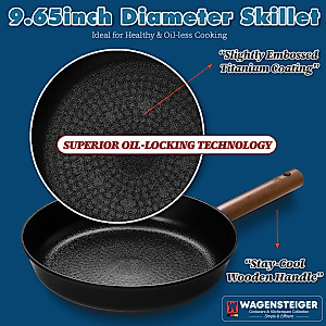 WAGENSTEIGER Aluminum Frying Pan with Titanium Coated Non-Stick Surface, 7-Layer Coating With Zelkova Wooden Handle, Restaurant & Business Grade, Made in South Korea (16.34L x 9.65W x 1.77H Inches)
