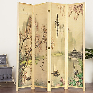 MyGift Decorative 4-Panel Folding Bamboo Room Divider Asian-Inspired Cherry Blossom Scene, Freestanding Floral Artwork Room Partitioner with Beige Wood Frame