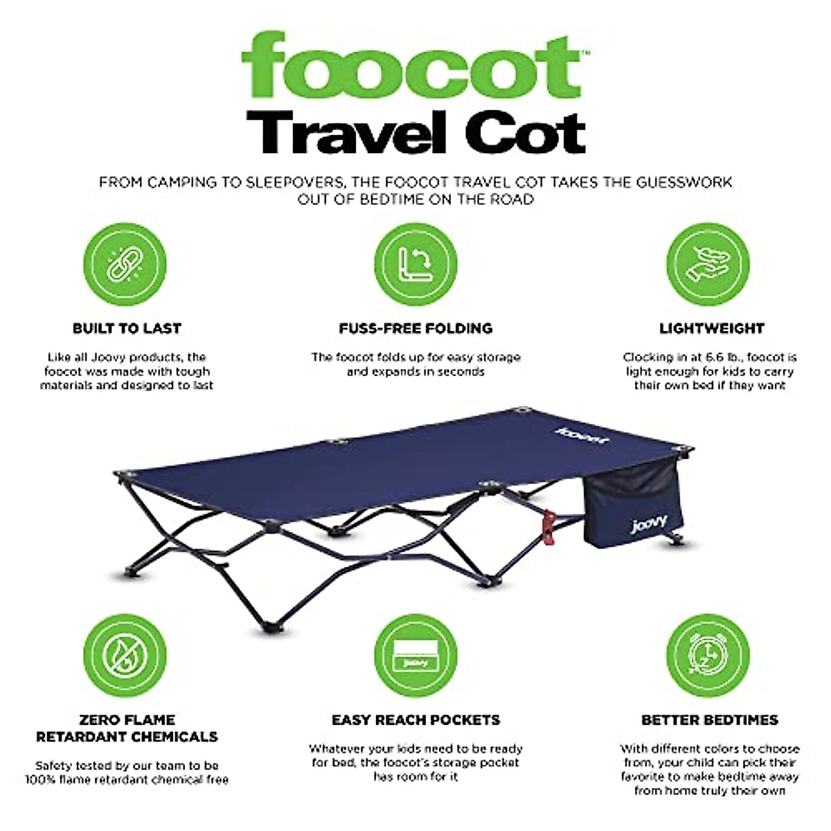 Joovy Foocot Travel Cot Featuring a Steel Frame and Tough Polyester Fabric, Storage Pocket, and Easily Folds into Included Travel Bag – Holds Kids Up to 48” Tall or 75 Lbs (Blueberry)