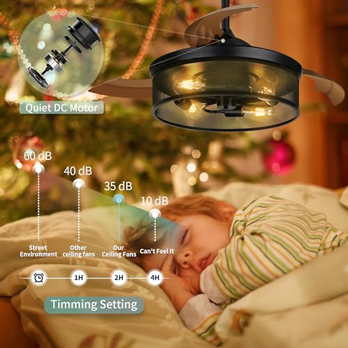 NEWORB 42 Inch Retractable Ceiling Fan with Lights, Reversible 6 Speeds Farmhouse Cage Fans Industrial Hidden Blade Ceiling Fans with Light and Remote, for Living Room, Bedroom, Patio, Black