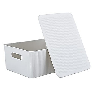 Superio Ribbed Collection - Decorative Plastic Lidded Home Storage Bins Organizer Baskets, Large White Smoke (2 Pack - 15 Liter) Stackable Container Box, for Organizing Closet Shelves Drawer Shelf