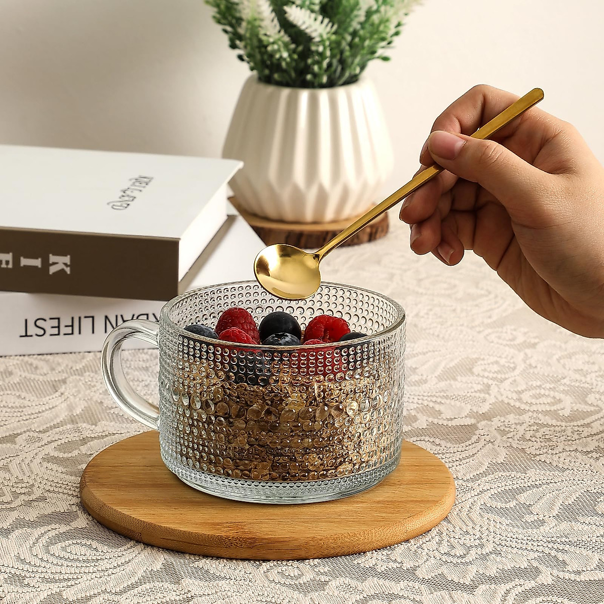 6 Pack 14oz Vintage Glass Coffee Mugs with Bamboo Lids and Spoons, Green Embossed Drinking Glasses for Iced Coffee, Tea, Latte - Cute Coffee Bar Accessories