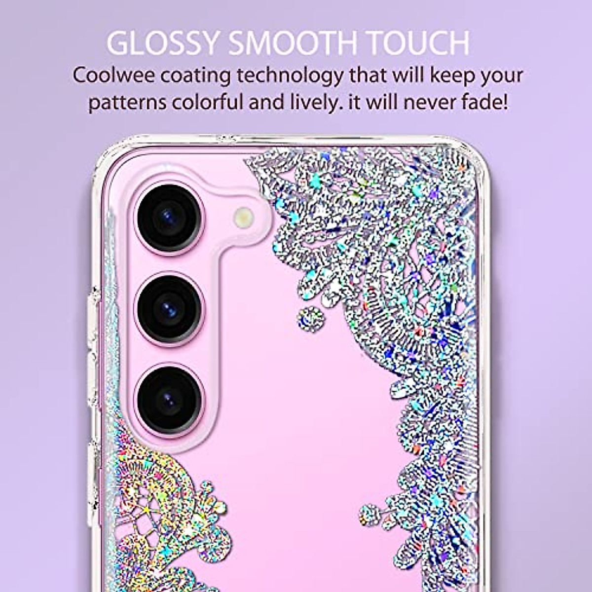 Coolwee Clear Glitter for Samsung Galaxy S23 Plus Case Thin Flower Slim Cute Crystal Lace Bling Sparkle Floral Hard Plastic Cover Back Soft TPU Bumper Protective Mandala Henna Anti Yellowing