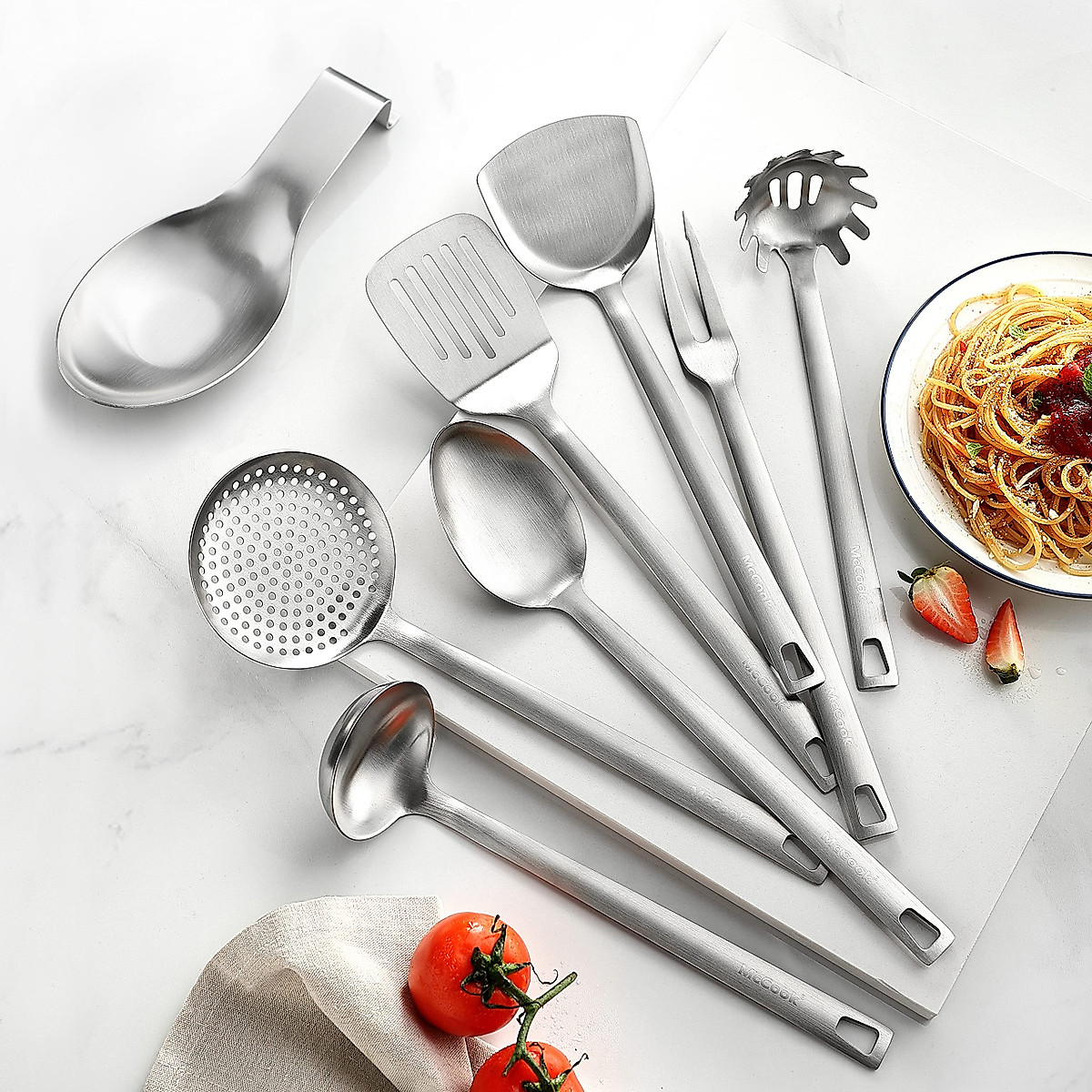 McCook® MC60 Kitchen Utensil Set, Stainless Steel Cooking Utensils Sets, 9-Piece Kitchen Turner, Serving Spoon, Ladle, Skimmer Spoons, Fork, Pasta Server,Spoon Rest and Holder