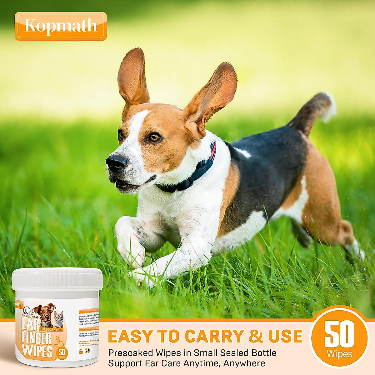 Kopmath Dog Ear Wipes, Ear Cleaner Finger Wipes for Dogs & Cats, Gently Remove Earwax & Odor, Soothe Ear Itching and Infection, Easy to Use, Natural Cat Ear Wipes for Dogs, 50 Count, Coconut Scent