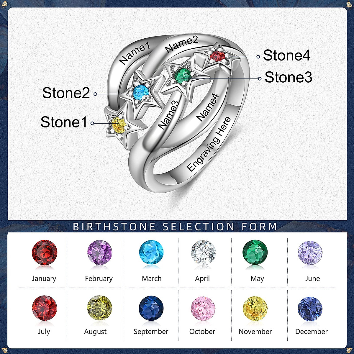 Personalized Star Mothers Ring with Engraved 1-4 Names & Simulated Birthstones Sterling Silver Promise Ring for Grandmother Mother Wife Family Jewelry Gifts Accompany You Through the Long Years (4 birthstones & names)