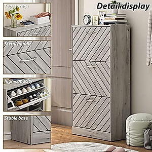DiDuGo Shoe Cabinet with 3 Flip Drawers, Slanted Design, Shoe Organizer for Hallway Entryway Light Grey (22.4”W x 9.4”D x 42.3”H)