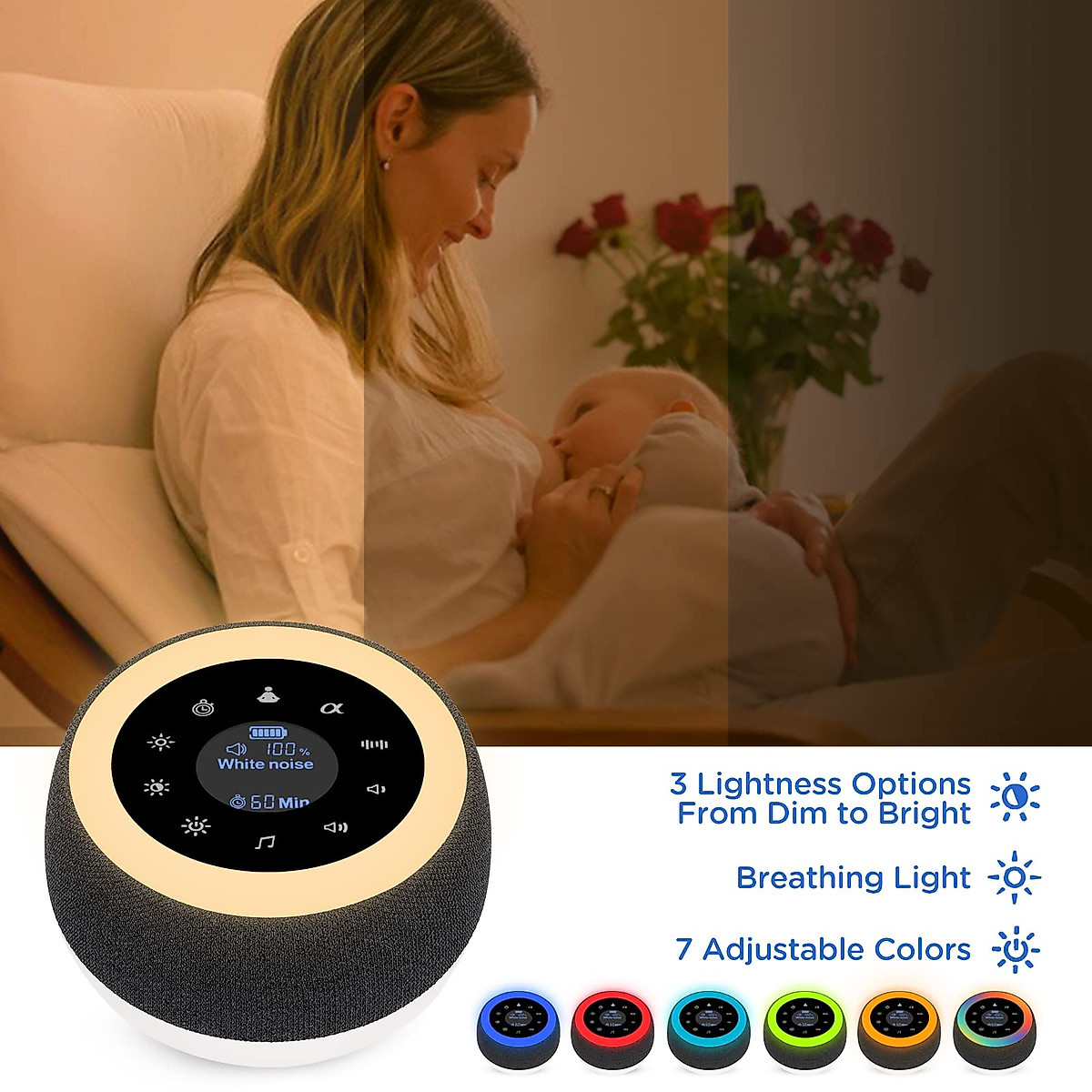 White Noise Machine with Warm Night Light for Adults Baby Sleeping, Sound Machine for Bedroom Kids with 32 Soothing Sounds, 6 Timers, Rechargeable & Headphone Jack