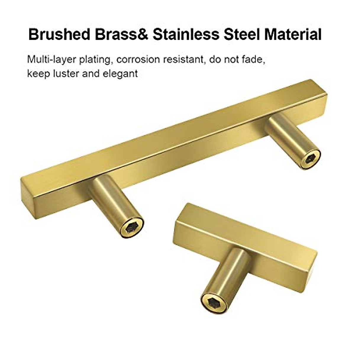 SUNRIVER 20 Pack Hollow Brushed Brass Golden Square Bar Cabinet Handles Pulls 10pcs Gold Hardware Cabinets Pulls 5" and 10pcs Stainless Steel 2" Cabinet Handles T Bar Pulls for Bathroom