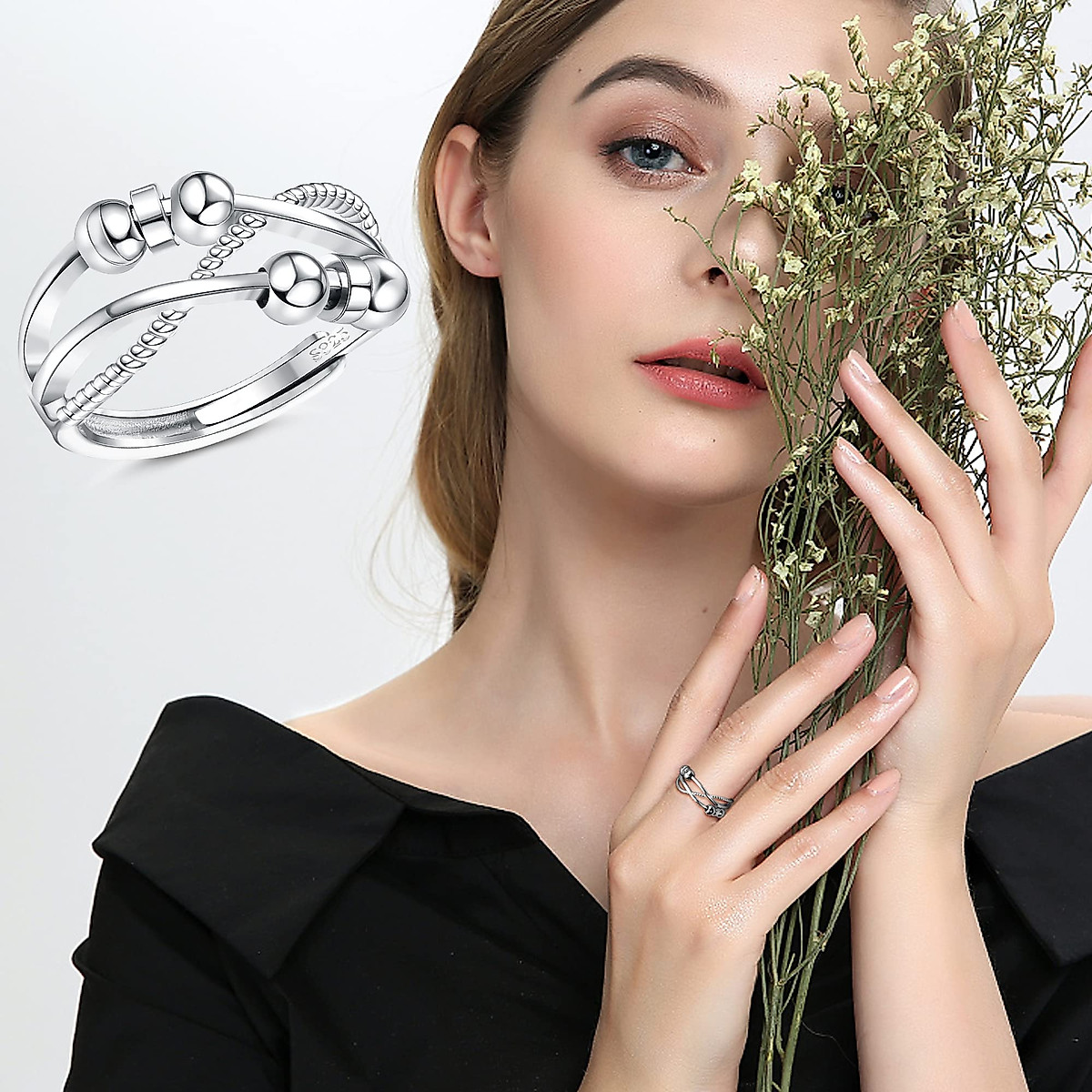 SAILIMUE 925 Sterling Silver Anxiety Ring For Women Men Fidget Rings For Anxiety Spinning Bead Adjustable Stacking Spinner Band Ring