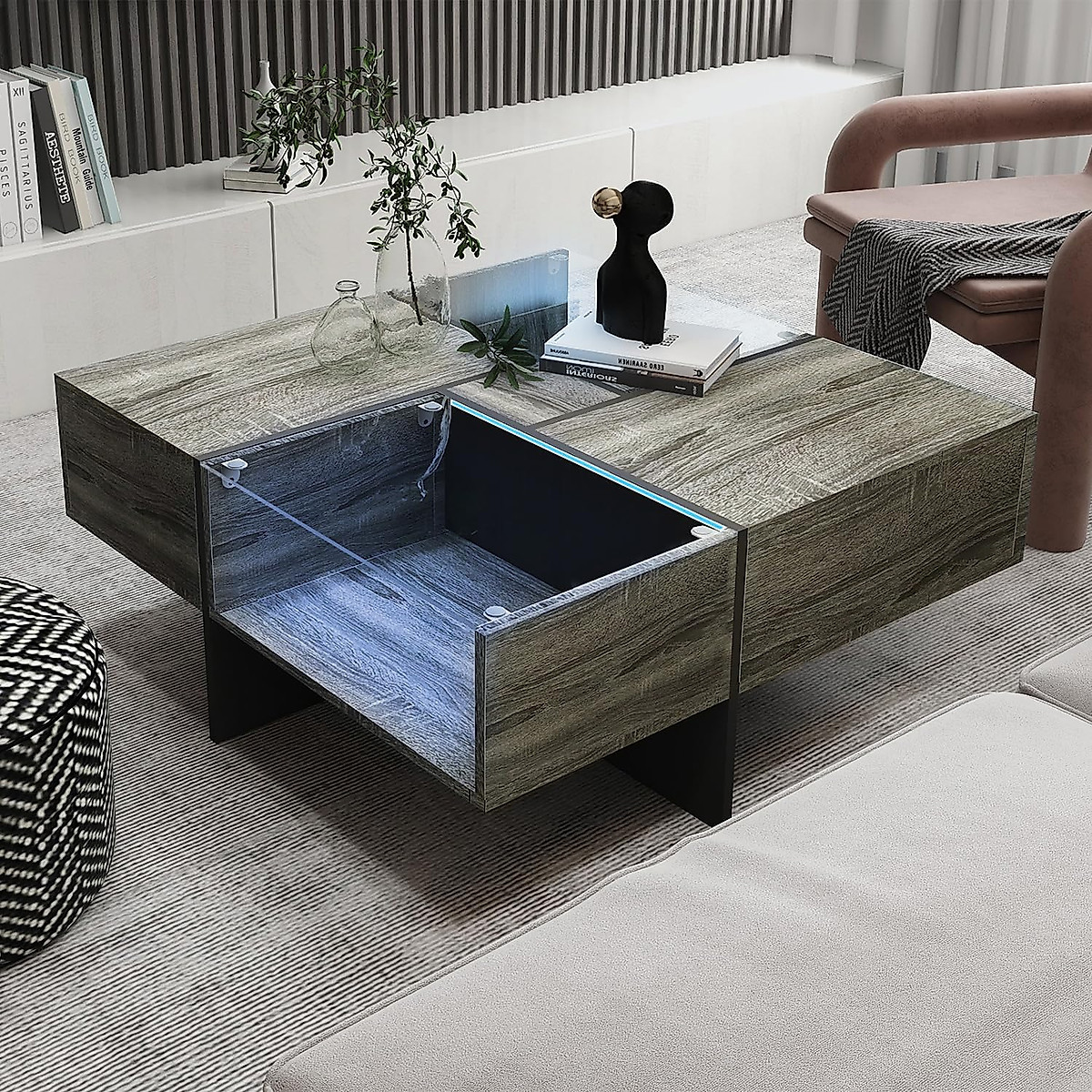 Furnnylane LED Coffee Table with 2 Drawers,Square Coffee Table with Storages for Living Room,Grey,35.4" D x 35.4" W x 15.7" H