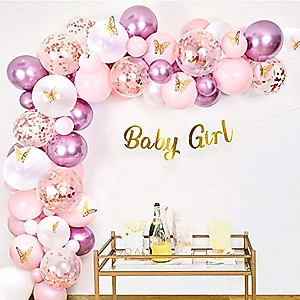 Sweet Baby Co. Girl Butterfly Baby Shower Decorations for Girl Party Decoration with Pink and Purple Mauve, Rose Gold Balloons Arch Garland Kit, Banner for Princess Floral Birthday BabyShower Decor