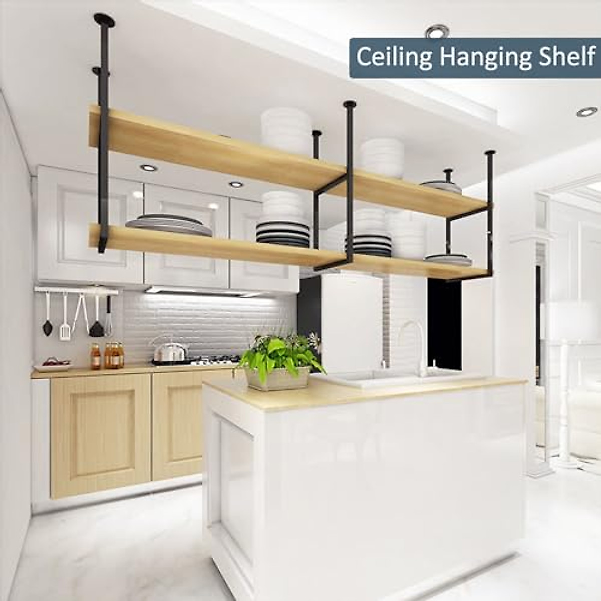 Lonmrrton Pot Pan Rack Kitchen Hanging Shelf, Ceiling Mounted Storage Rack 2 Layer Floating Decorative Shelves, Wine Rack Display Stand for Living Room Restaurant Bar (Size : 100x30x80cm)