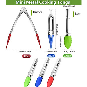Premium Kitchen Tongs with Silicone Tip,Mini Metal Cooking Tongs 7 Inch Serving Tongs,Non-Stick,Stainless Steel,Heat Resistant Locking Cooking Tongs for Cooking,Barbecue,Salad,Grilling,Frying(3pcs)