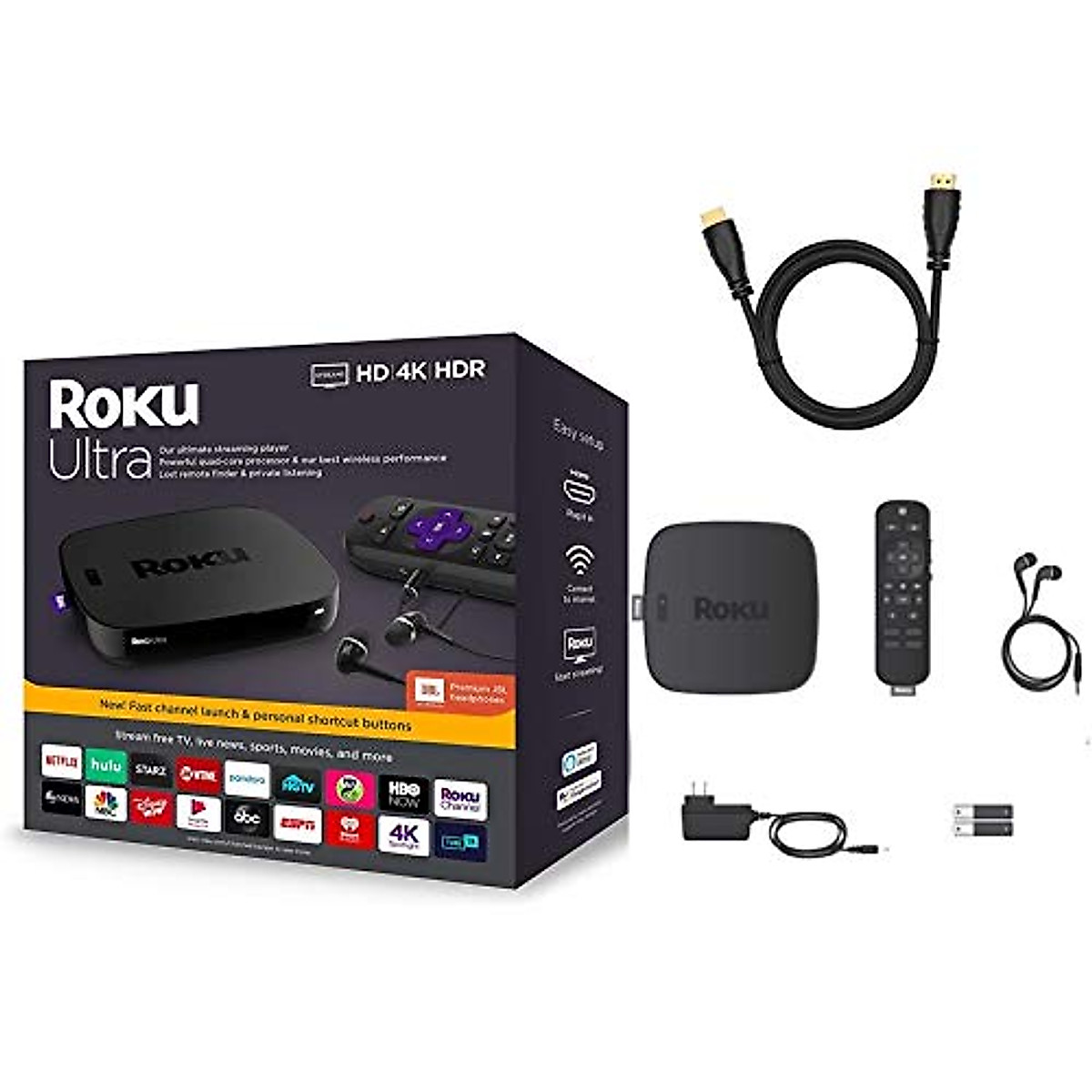 Roku Ultra Streaming Media Player 4K/HD/HDR | Premium JBL Headphones | Enhanced Voice Remote with TV Controls and Shortcuts | HDMI, Ethernet, and Micro SD Ports | 4K HDMI Cable Bundle