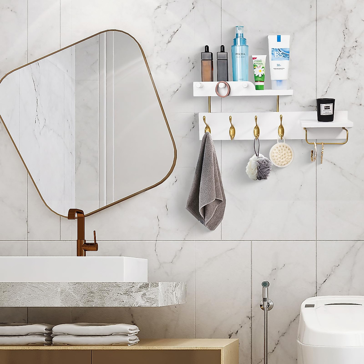 Lampaggio Coat Rack Wall Mount with Shelf, 4 in 1 Wood Coat Hooks with Key and Mail Holder, 17 Inch Entryway Hanging Shelf with Sunglasses Holder and 4 Metal Hooks for Clothes Hats Bag, White and Gold