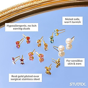 STUDEX Sensitive White Pearl Stud Earrings 5mm | Hypoallergenic and Nickel Safe for Sensitive Ears | Gold Plated Posts | High Fashion Earrings for Women and Men-PR-675-S