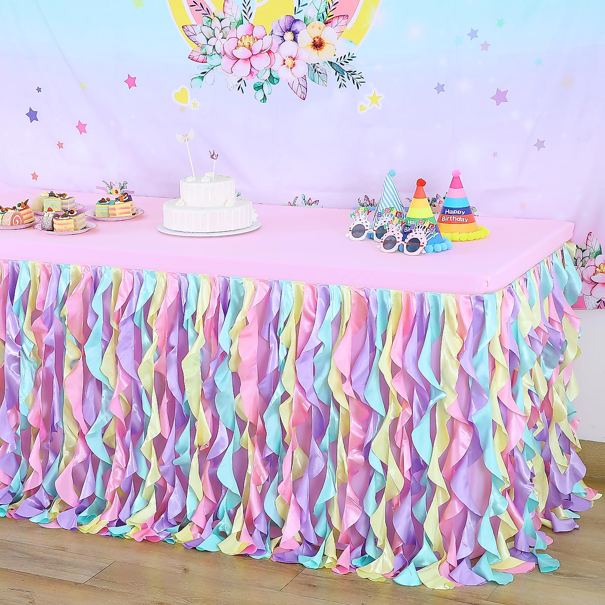 gogoparti Pastel Rainbow Tablecloth for 6 ft Rectangle Table Pastel Rainbow Ruffle Tulle Table Skirt for Unicorn Theme Birthday Party Decoration