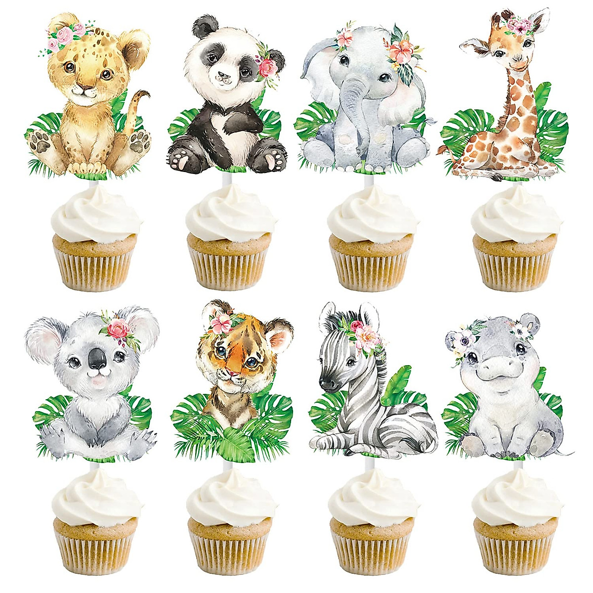 24pcs Jungle Safari Animal Cupcake Toppers Wild Animal Cake Toppers Jungle Party Decoration for Safari Jungle Theme Birthday Party Baby Shower Supplies