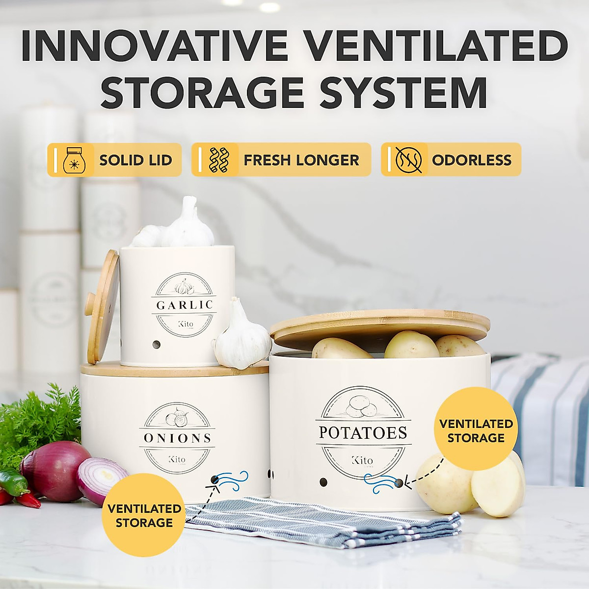 Kito LIVING Canister Sets For Kitchen Counter, 3 Piece Garlic Potato Onion Keeper Kitchen Canisters for Pantry Organization and Storage Bins with Wooden Bamboo Lids, Kitchen Organization (Cream)