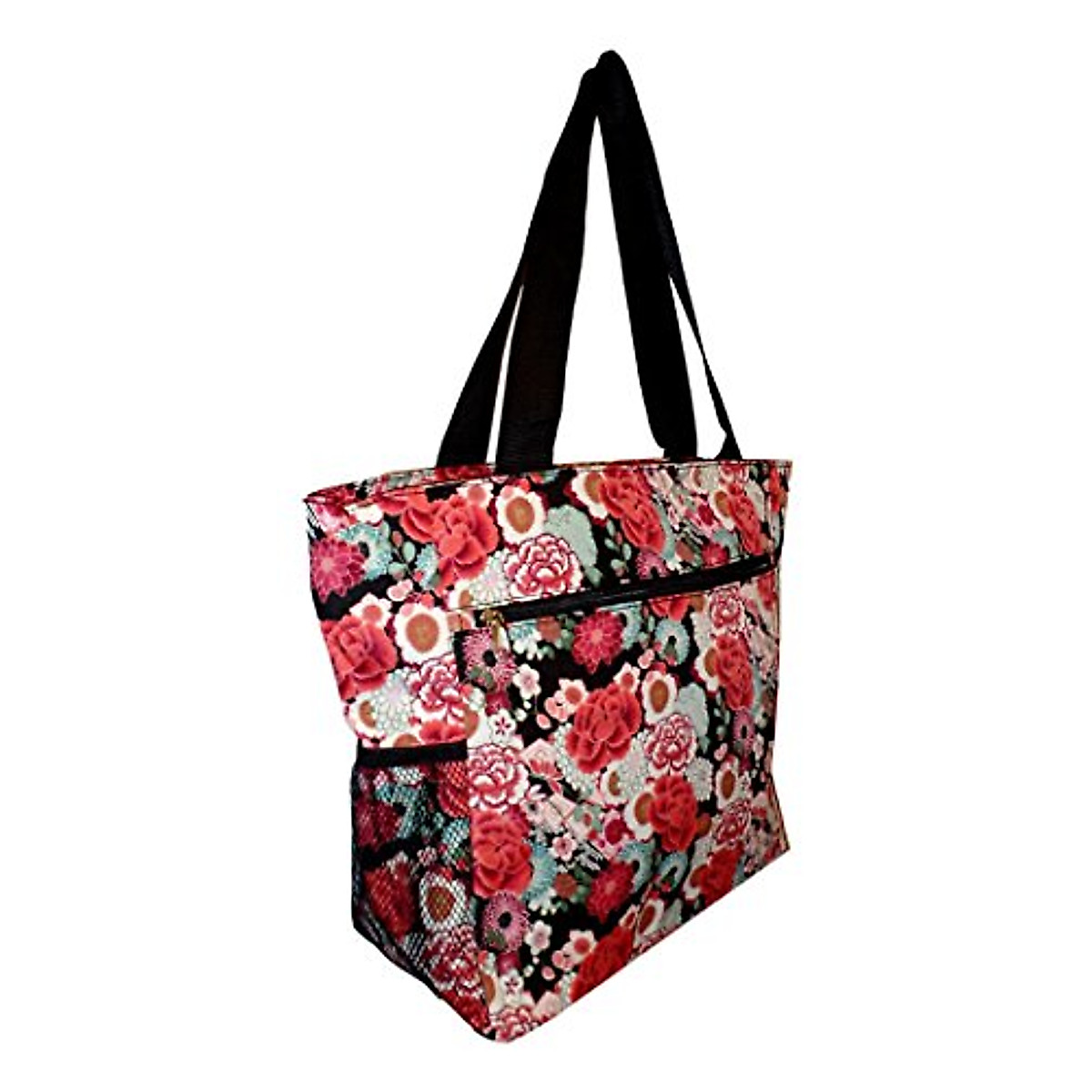 Large Multi - Pocket Fashion Zipper Top Beach Bag Tote - Custom Embroidery Available (Garden Floral)
