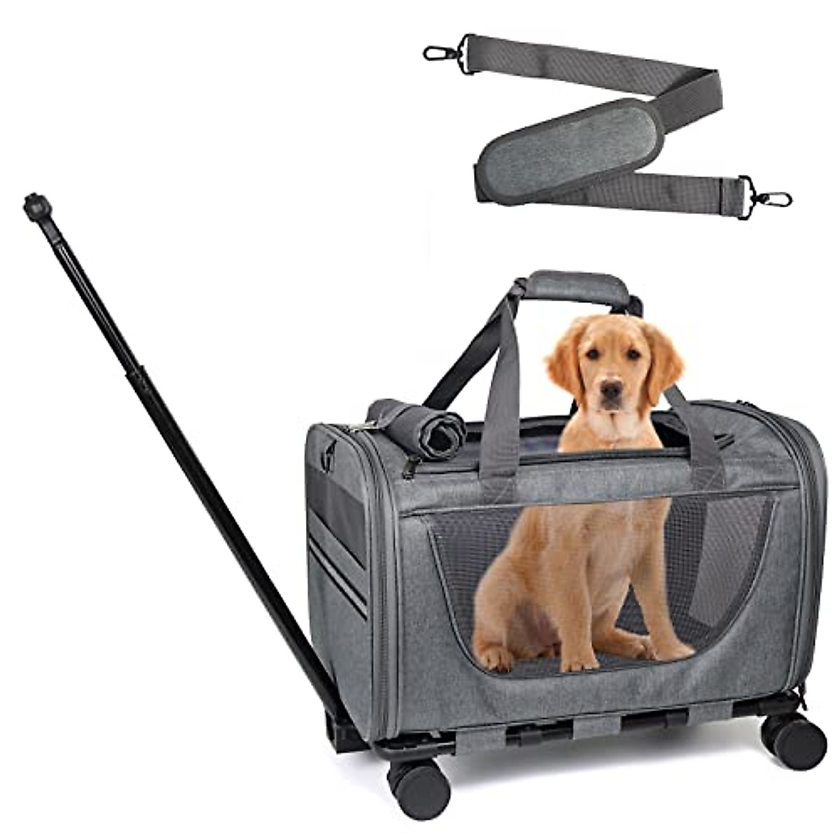 PROKEI Pet Carrier with Wheels for Cat Dog,Airline Approved Telescopic Handle Pet Travel Carrier Bag,Trolley Kennels Rolling for Small Medium Animals Kitten Puppy