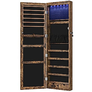 SONGMICS Mirror Jewelry Cabinet Bundle, 6 LEDs Jewelry Organizer, 47.2-Inch Lockable Wall or Door Mounted Jewelry Armoire with Mirror, 2 Drawers, White and Rustic Brown UJJC93W and UJJC93CB