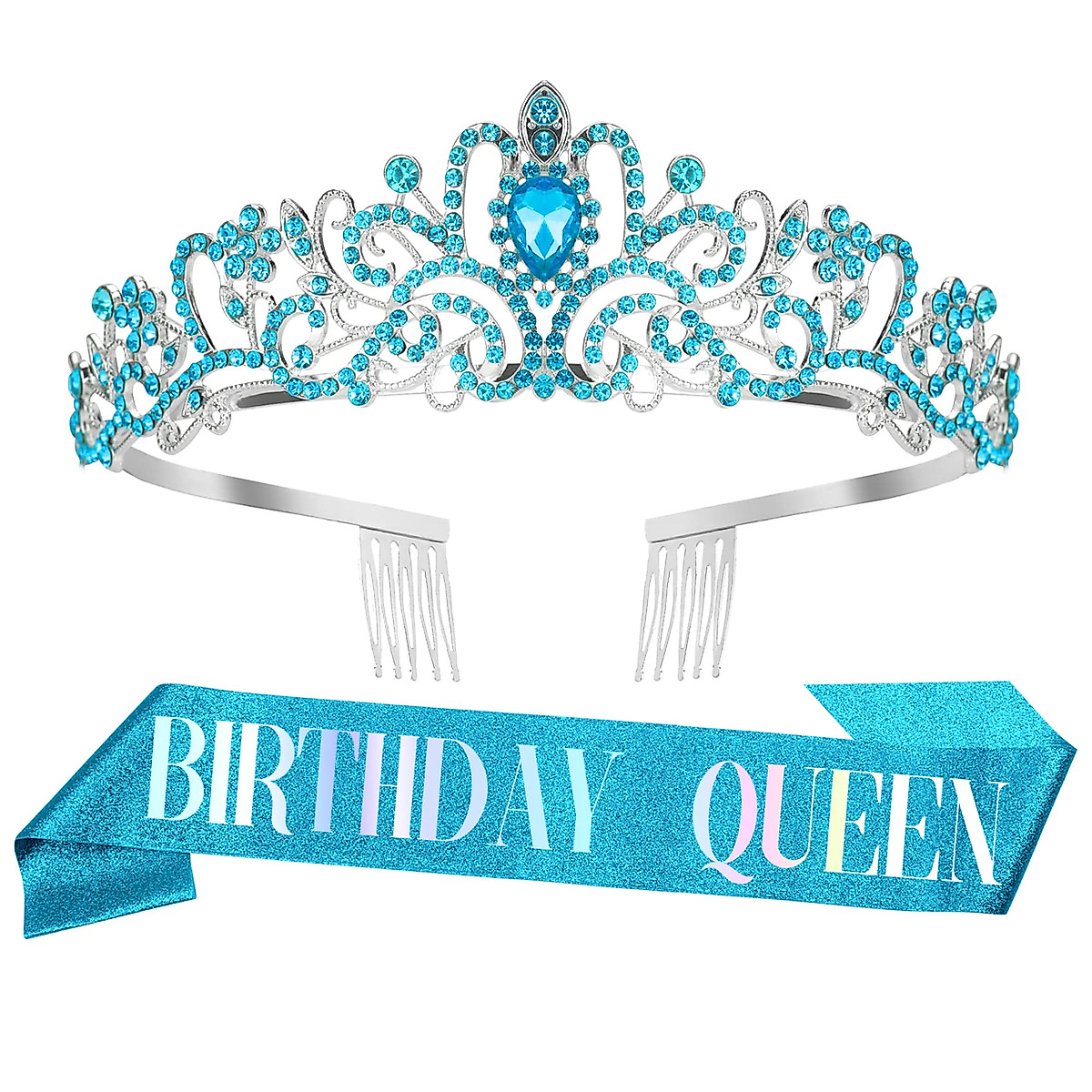 Birthday Crown for Girls Sky Blue Tiara Sash Gifts for Womens Birthday Rhinestone Crystal Headband Princess Queen Crown Happy Birthday Decorations Birthday Gift Ideas Birthday Accessories Gifts…