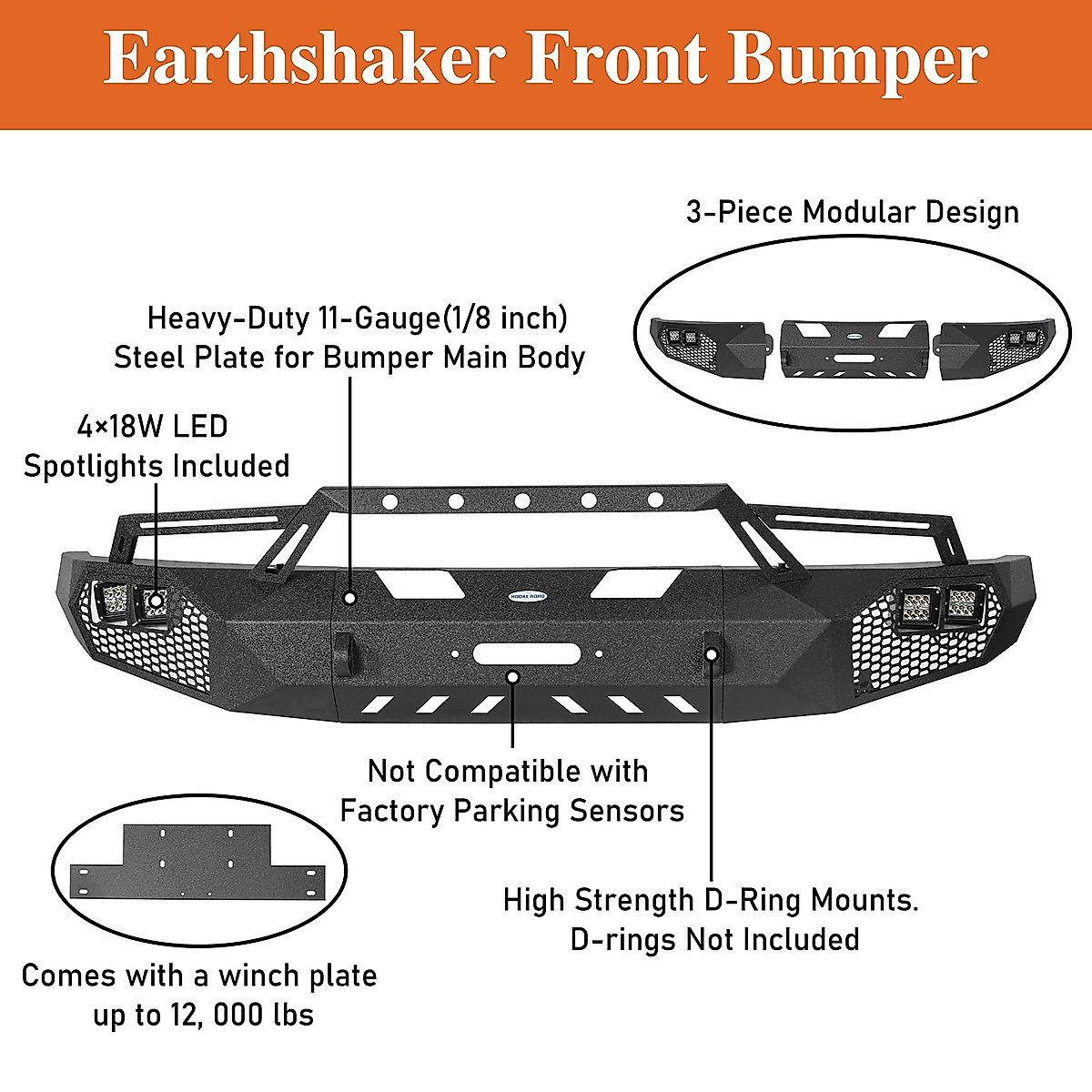 Hooke Road F150 Steel Black Front Bumper w/Winch Plate + Rear Bumper for 2009-2014 Ford F-150 (Exclude Raptor & Flareside) Pickup Truck