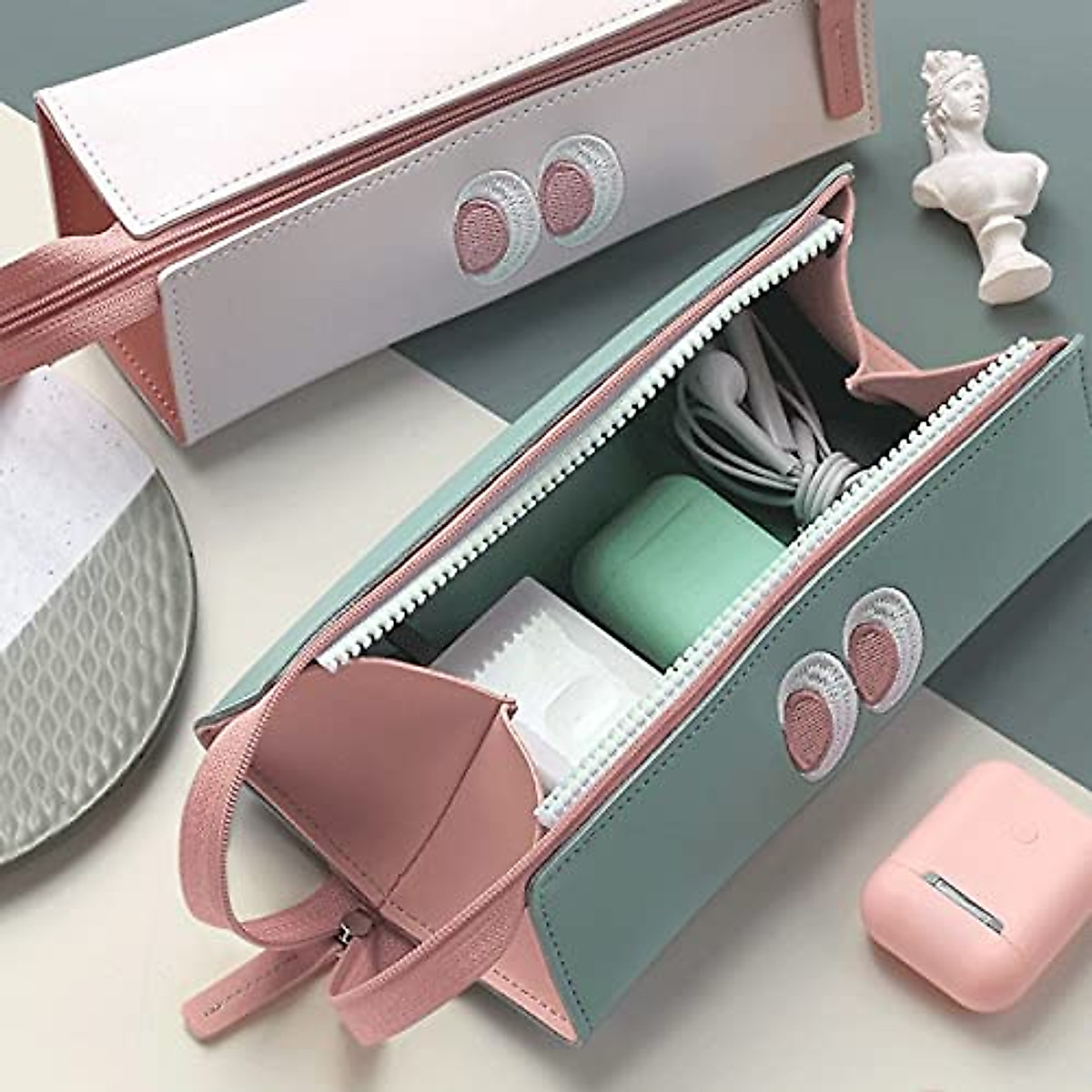 ryifaing Little Monster Pencil case Large Capacity Stationery Bag Storage Pencil case Cosmetic Bag Coin Purse Portable Exquisite PU Material with Zipper Closure 3.2 x 1.3 x 1.2 inches (White)