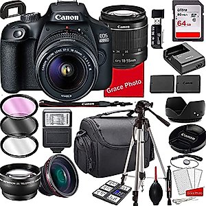 Canon EOS 4000D DSLR Camera with 18-55mm f/3.5-5.6 Zoom Lens , 64GB Memory,Case, Tripod and More (28pc Bundle) (Renewed)