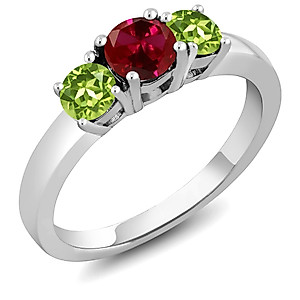 Gem Stone King Red Created Ruby and Green Peridot 925 Sterling Silver 3-Stone Women's Ring (1.20 Cttw Round Cut) (Size 6)