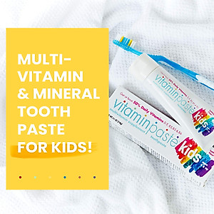 Vitaminpaste Kids Toothpaste with Daily Multivitamins B3, B5, B6, D, E, Xylitol, Calcium, Fluoride Free, Fresh Breath, Fights Tarter, Anti-Cavity, Safe to Swallow, 4.1oz, Bubble Gum Flavor