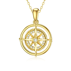 SISGEM 14K Real Gold Compass Pendant Necklace for Women,Yellow Gold Small Compass Dainty Necklace with Cubic Zirconia Graduation Birthday Present for Wife Mom,16+2 Inch