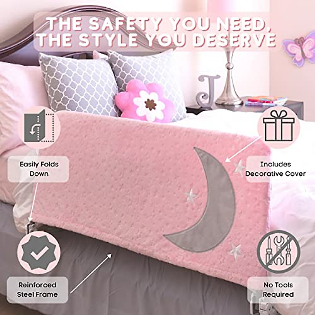 Beautiful Bed Rail for Toddlers (Mom's Choice Award Winner) - with Decorative Cover and Inside Pocket - Toddler Bed Rail Guard for Children Kids, Fits Twin, Full, Queen and King - Standard 43" Pink