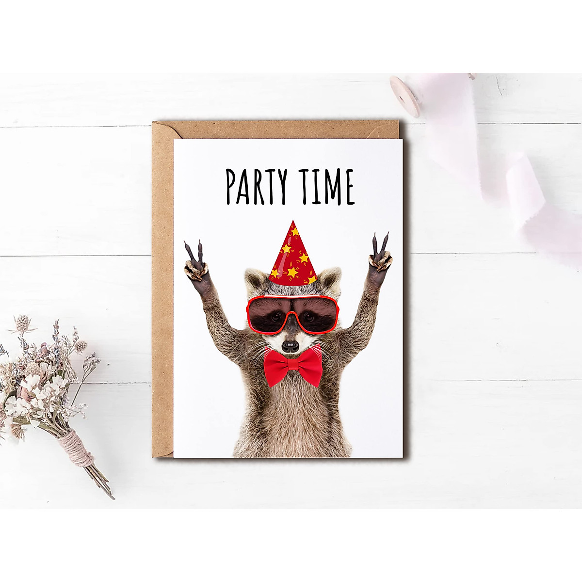OystersPearl Party Time Birthday Card - Graduation Card Promotion Card Congratulations Portrait Of A Funny Raccoon - Birthday Greeting Card., 5 x 7 inches