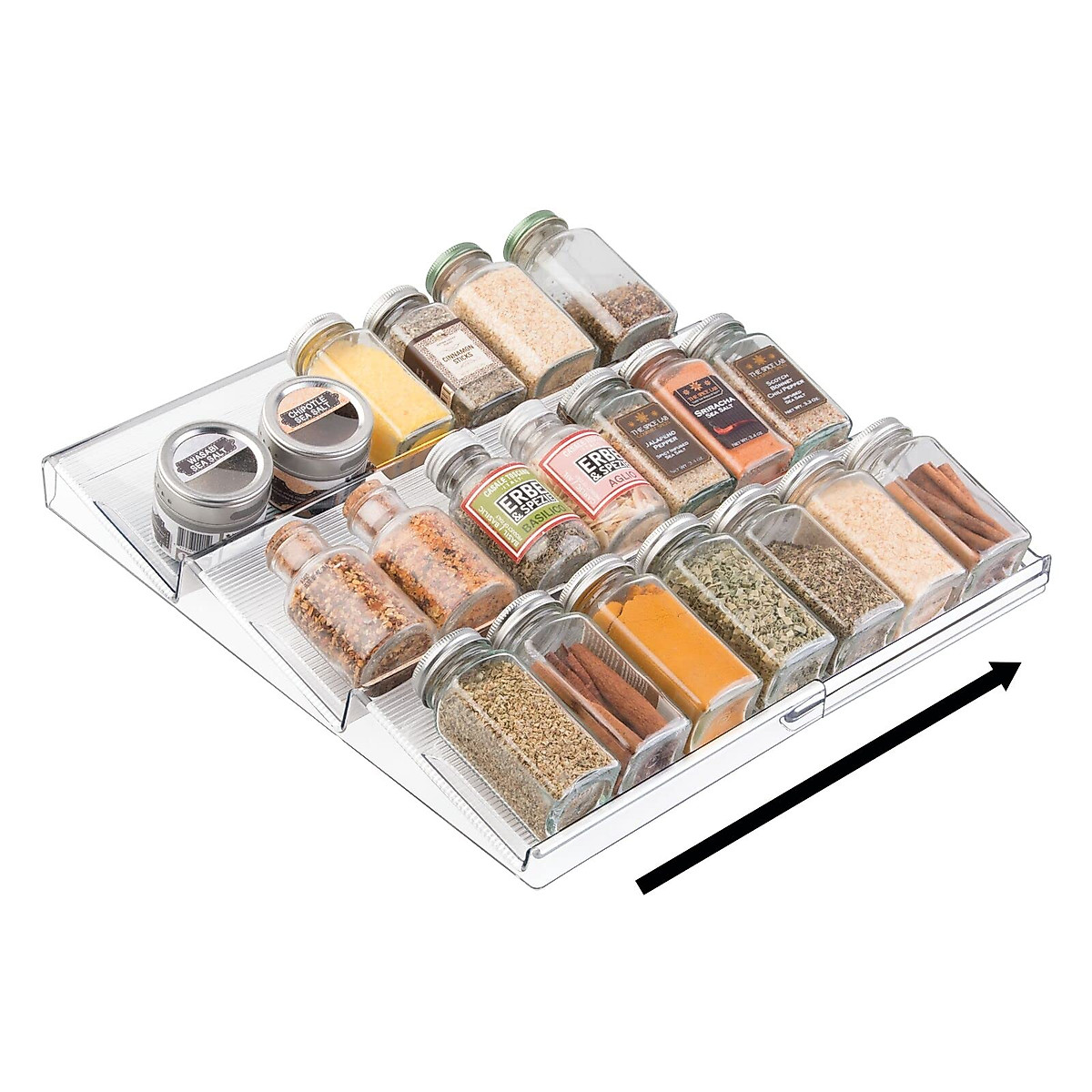 mDesign Expandable Plastic Deluxe Spice Rack, Drawer Organizer for Kitchen Cabinet Drawers - 3- Tier Slanted for Spice Jar, Food Seasoning Bottle Storage, Easy Install - Ligne Collection - Clear