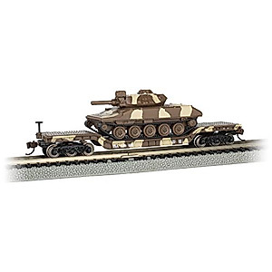 Bachmann Trains - 52' Center-Depressed Flat CAR with Sheridan Tank - Desert CAMO - N Scale