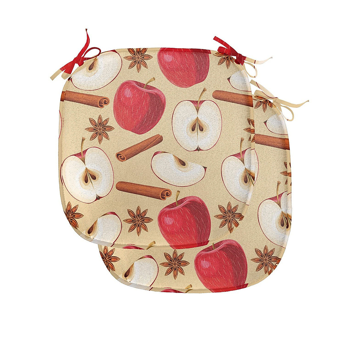 Ambesonne Fruits Chair Seating Cushion Set of 2, Quartered and Halved Apples with Cinnamon Sticks and Star Anise Diet Recipe, Anti-Slip Seat Padding for Kitchen & Patio, 16"x16", Beige Cinnamon Red