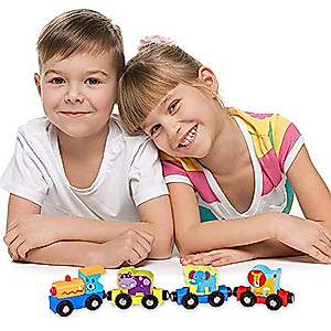 Wooden Trains Set (21 PCS) with 3 Dinosaurs 3 Farm 3 Zoo Animals with Box and Cover - Train Toys Magnetic Set Toy Train Sets for Kids Toddler Gift Toy for 2 Year Old Boys and Girls and up
