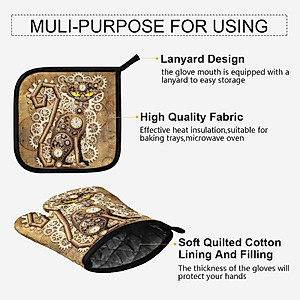 Aslsiy Steampunk Cat Oven Mitts Pot Holders Vintage Style Kittens Oven Glove Hot Pads Cooking Kitchen Heat Resistant Hot Pads for Microwave BBQ Baking Grilling Gifts