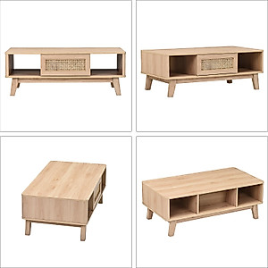 PASBAS Coffee Table, Mid Century Modern Coffee Table with Rattan Drawer, Wood Coffee Table for Living Room, Rattan Living Room Table with Storage, Woven Wooden Coffee Table Support Up to 110 LBS