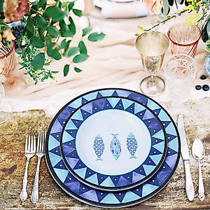 12-Piece Melamine Dinnerware Set,Includes Dinner Plates,Salad Plates Bowls Service for 4,Reusable Picnic Tableware Dinnerware for Summer Outdoors,Dishwasher Safe (Nautical fish)